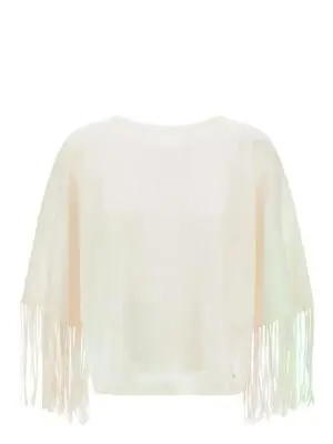 HERNO Herno Ecru Stocking-Stitch Knit Crew Neck Sweater With Fringe Trim