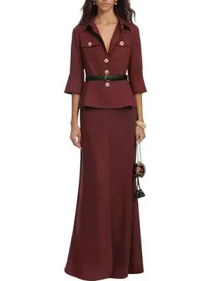SELF-PORTRAIT Belted Peplum Waist Maxi Dress - Brown