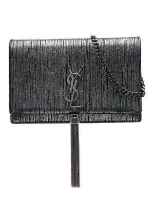 Saint Laurent Metallic Suede Monogram Kate Tassel Wallet On Chain Crossbody Bag - Silver