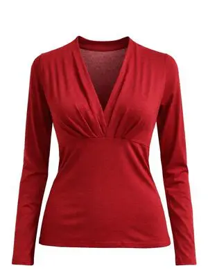 CONQUISTA Deep V-neck Long-sleeve Top - Red
