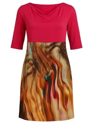 CONQUISTA Fuchsia Cowl Neck Dress With Abstract Print Skirt - Red