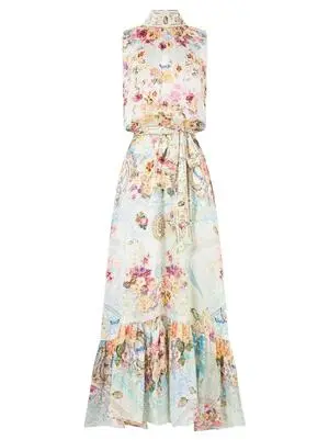 Camilla Silk Floral Print High Neck Maxi Dress - Neutrals