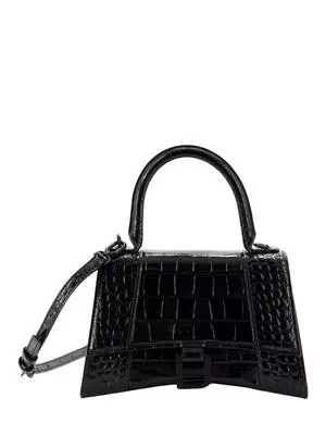 Balenciaga Hourglass Top Handle Bag In Crocodile Embossed Leather - Black