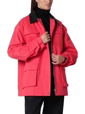Source Unknown Cotton Utility Jacket With Faux Leather Collar - Red