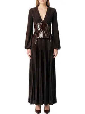 Elisabetta Franchi Elisabetta Franchi Long Sleeve V-Neck Evening Gown Brown