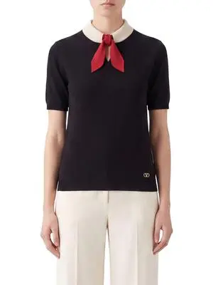 Valentino Garavani Slim Fit Wool Blend Sweater With Pussy-bow Neck - Black