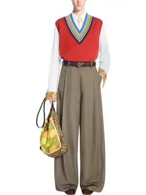 Dries Van Noten V-neck Wool Top With Striped Collar - Red