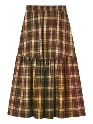 FINGERCROXX Plaid Tiered Midi Skirt - Brown