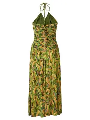 FARM RIO Ruched Parrot-Print Midi Dress