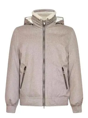 Brunello Cucinelli Grey Wool Hooded Jacket With Shearling Collar - Neutrals