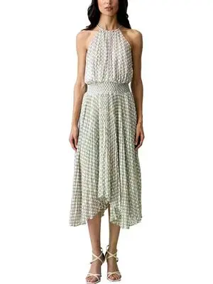 MORGAN Halterneck Midi Dress With Geometric Print And Pleated Finish - Neutrals