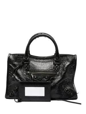 BALENCIAGA Balenciaga Black Crinkled Leather Small City Tote Bag