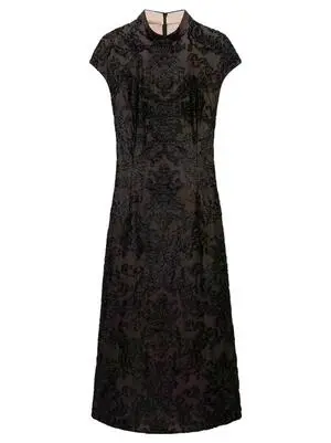 Shanghai Tang Embroidered Mandarin Collar Midi Dress - Black