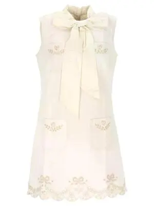 SELF-PORTRAIT Bow Detail Broderie-anglaise Mini Dress - Neutrals