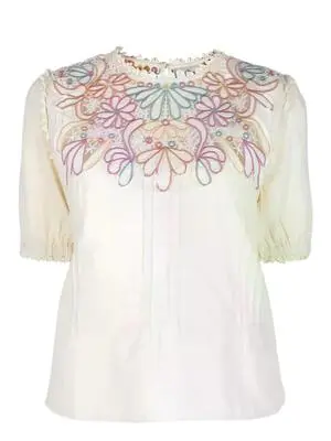 Farm Rio Embroidered Pintuck Detail Blouse - Neutrals