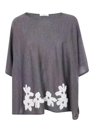 WHYCI Floral Embroidered Wool Cape - Grey