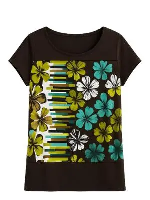 CONQUISTA Short Sleeve Floral Print Top - Brown