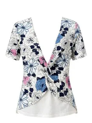 CONQUISTA Floral Twist-front Short Sleeve Top - Blue