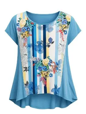 CONQUISTA Floral Stripe Flared Top - Blue