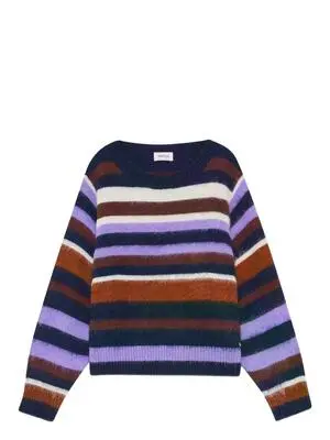 OTTOD'AME Striped Brushed Finish Crew Neck Long Sleeve Sweater - Blue