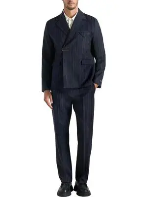 Manière De Voir Gaston In Navy Double Breasted Clasp Detail Wool-blend Pinstripe Suit Blazer - Blue