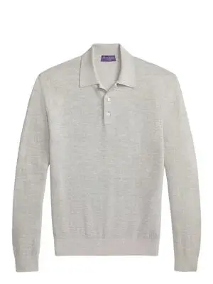 RALPH LAUREN PURPLE LABEL Ralph Lauren Purple Label Grey Herringbone Knit Polo Sweater