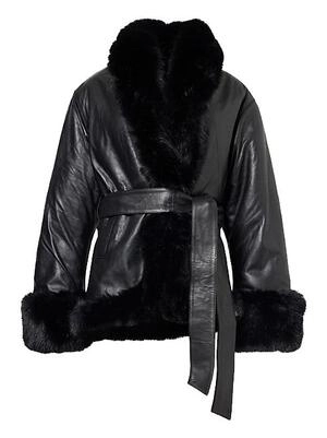ROTATE BY BIRGER CHRISTENSEN Shawl Collar Belted Leather Jacket - Black