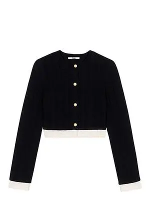 Maje Cropped Pointelle Knit Cardigan With Metallic Buttons - Black