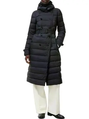 Burberry Long Padded Nylon Double-breasted Coat With Hood - Blue
