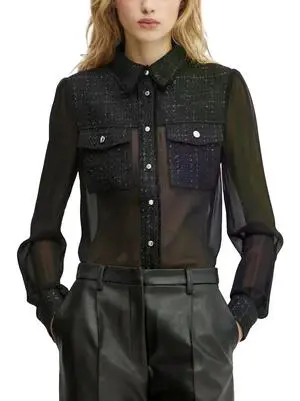 MORGAN Tweed-panel Shirt - Black