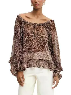 MORGAN Ruffled Animal Print Off-shoulder Top - Neutrals