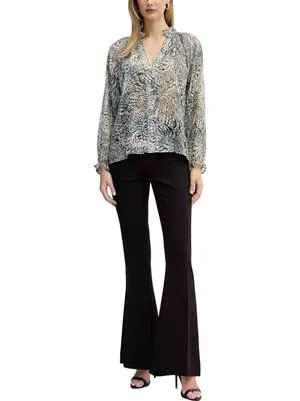 MORGAN Printed V-neck Long Sleeve Top With Ruffled Detail - Blue