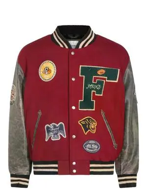 FOUND Crimson Letterman Jacket With Leather Sleeves And Patch Details - Red