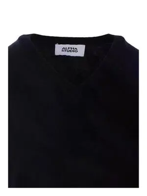 Alpha Studio Fine Knit V-neck Sweater - Blue