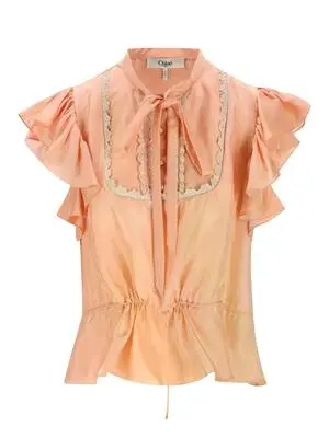 Chloé Lace Trim Ruffled Silk Blouse - Pink
