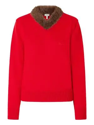 Loewe Plush-trimmed Ribbed Wool V-neck Sweater - Red