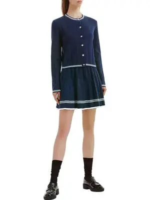 B+AB Navy Striped Trim Pleated Skirt Set - Blue