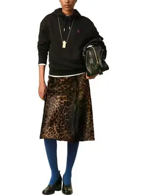 AMI AMI Paris Leopard Print Leather Midi Skirt