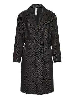 HEVO Belted Herringbone-pattern Coat - Black