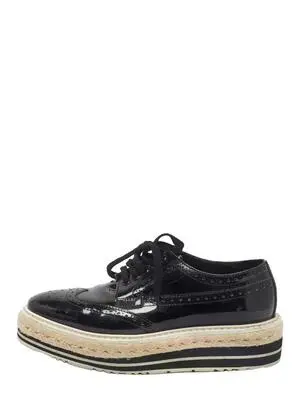 Prada Glossy Patent Leather Brogue Espadrille Platform Shoes - Black