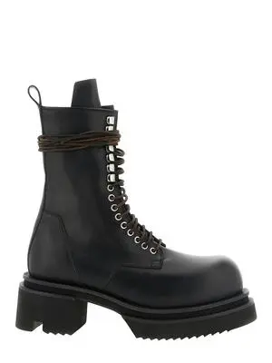 Rick Owens Smooth Calfskin Leather Lace-up Combat Boots With Side Zip - Black
