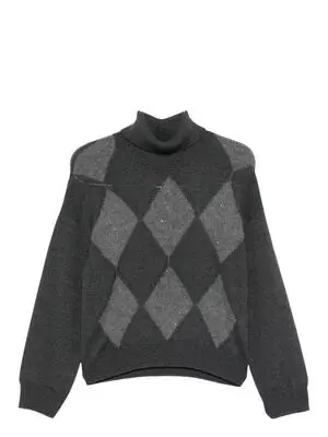 PESERICO Peserico Dark Grey Argyle Knit Sequin Embellished Roll Neck Sweater