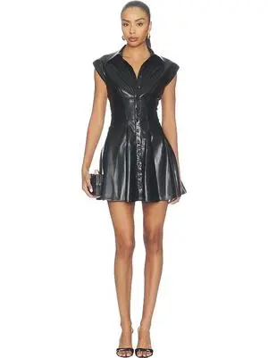 Alice + Olivia Kim Faux Leather Paneled Corset Flared Mini Shirt Dress - Black