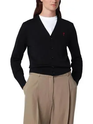 AMI Paris Wool Cardigan With De Coeur Embroidery - Black