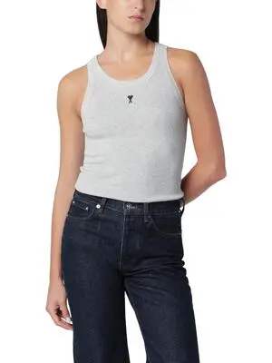 AMI Paris De Coeur Cotton Ribbed Tank Top - Grey