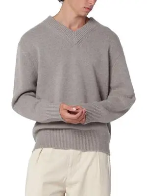 Soft Goat Greige Cashmere V-neck Sweater - Grey