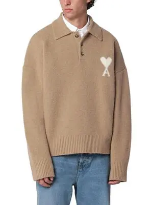 AMI Paris Alpaca-blend Polo Sweater - Beige