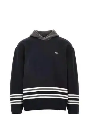 Emporio Armani Logo Embroidered Striped Hoodie - Blue