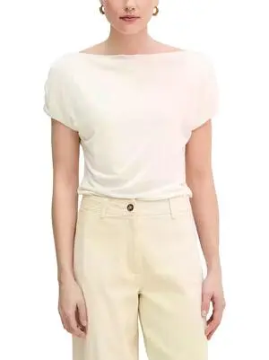MOS MOSH Gathered Sleeve Boat-neck T-shirt - Neutrals