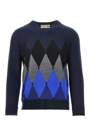 BALLANTYNE Argyle Cashmere V-neck Pullover - Blue